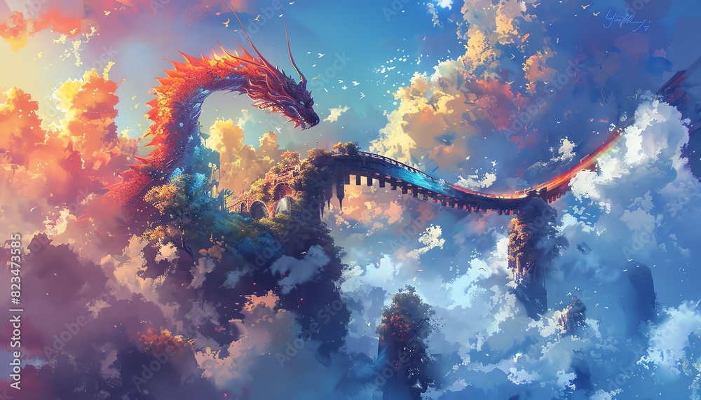 Illustrate the back of a mythical dragon perched on a rainbow bridge in ...