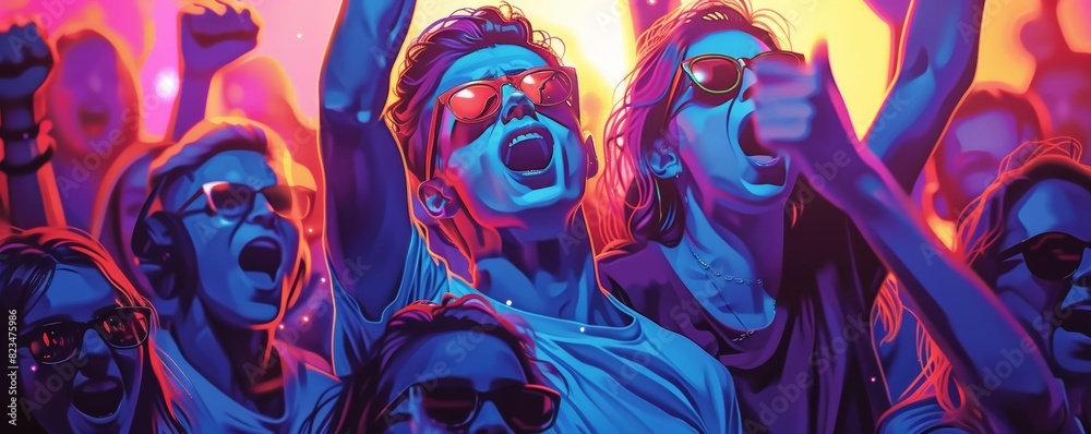 Crowd of fans cheering during sports match, dynamic energy, neon ...