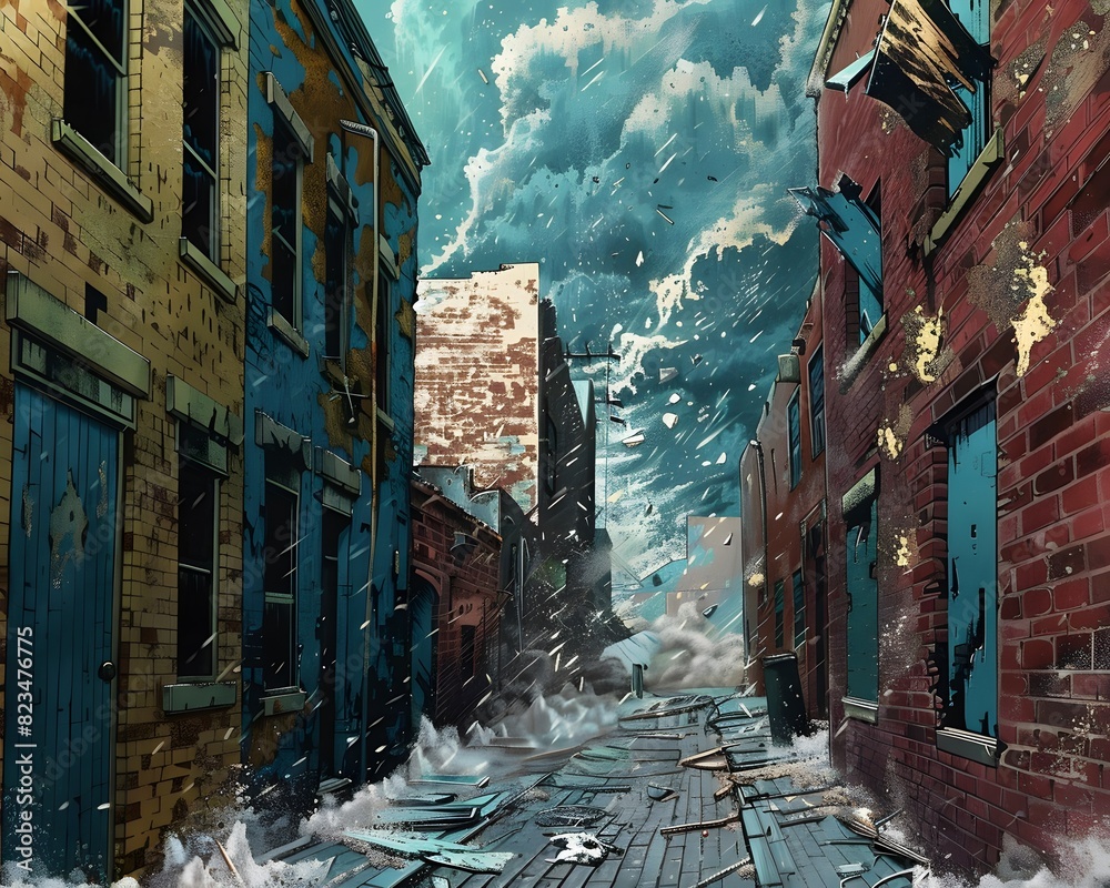 Illustrated of Tornado-induced wind damage in a narrow alley. Stock ...