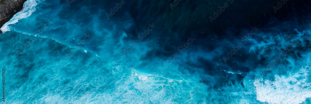 Banner Turquoise ocean sea water white wave pattern splashing deep blue ...