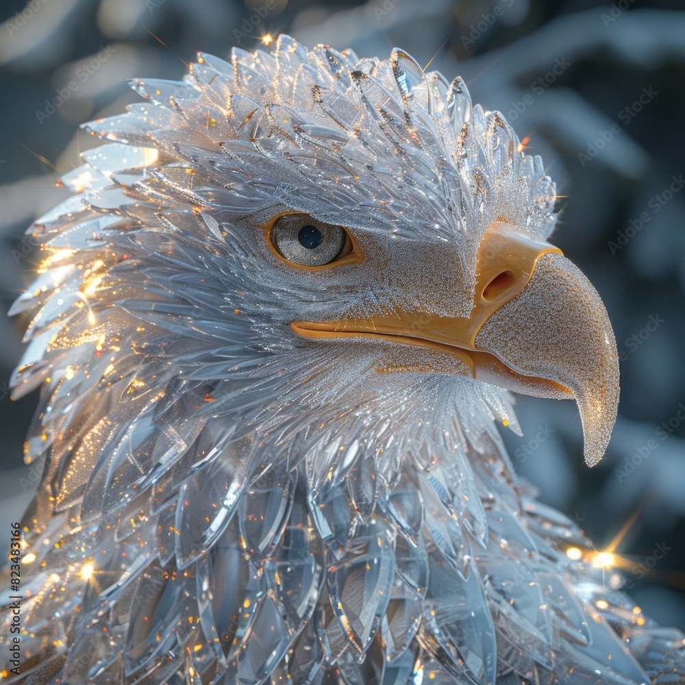 3D bald eagle made of clear diamonds, shiny translucent, simple bright ...