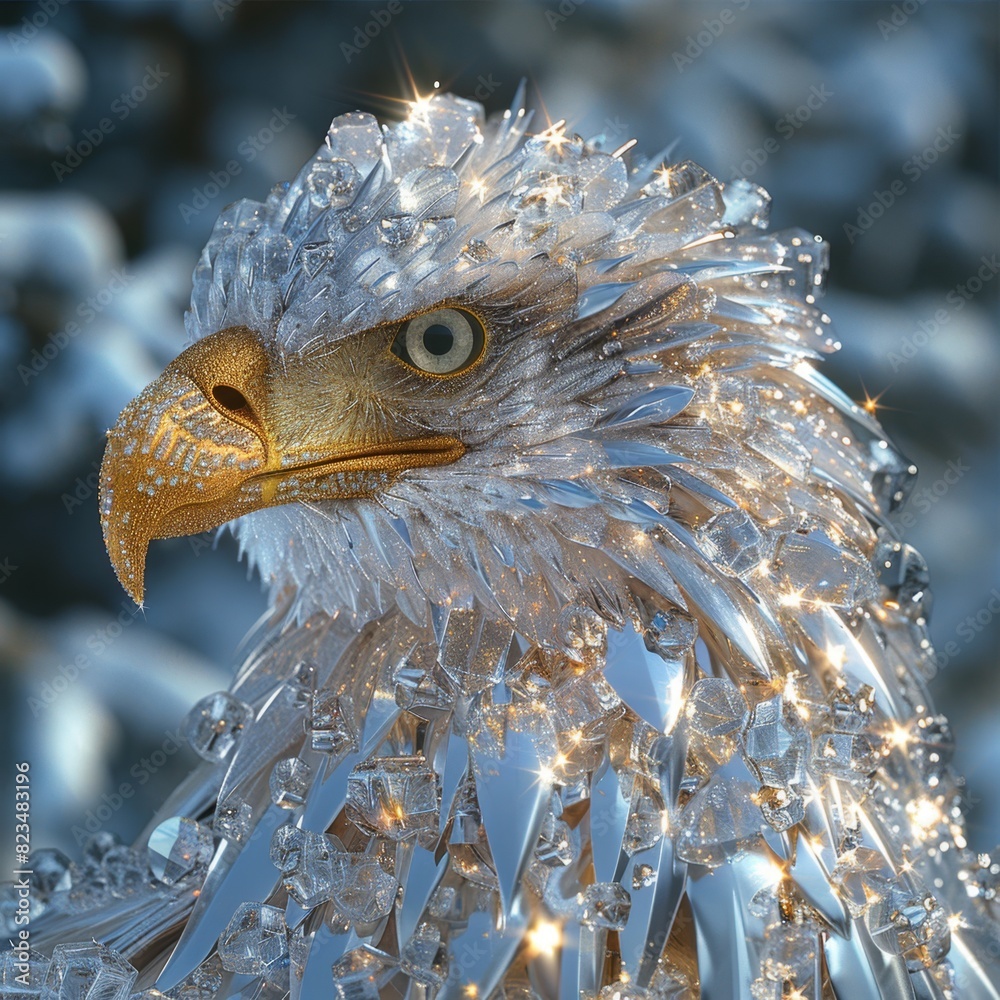 3D bald eagle made of clear diamonds, shiny translucent, simple bright ...