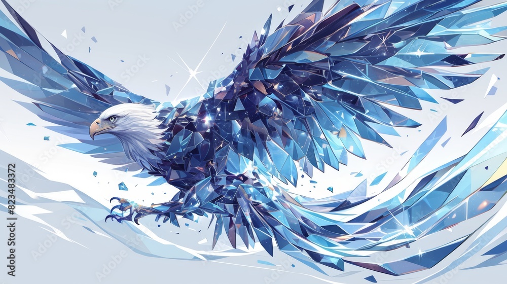 3D bald eagle made of clear diamonds, shiny translucent, simple bright ...