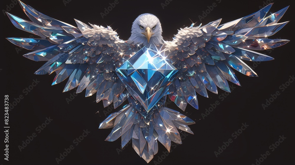 3D bald eagle made of clear diamonds, shiny translucent, simple bright ...