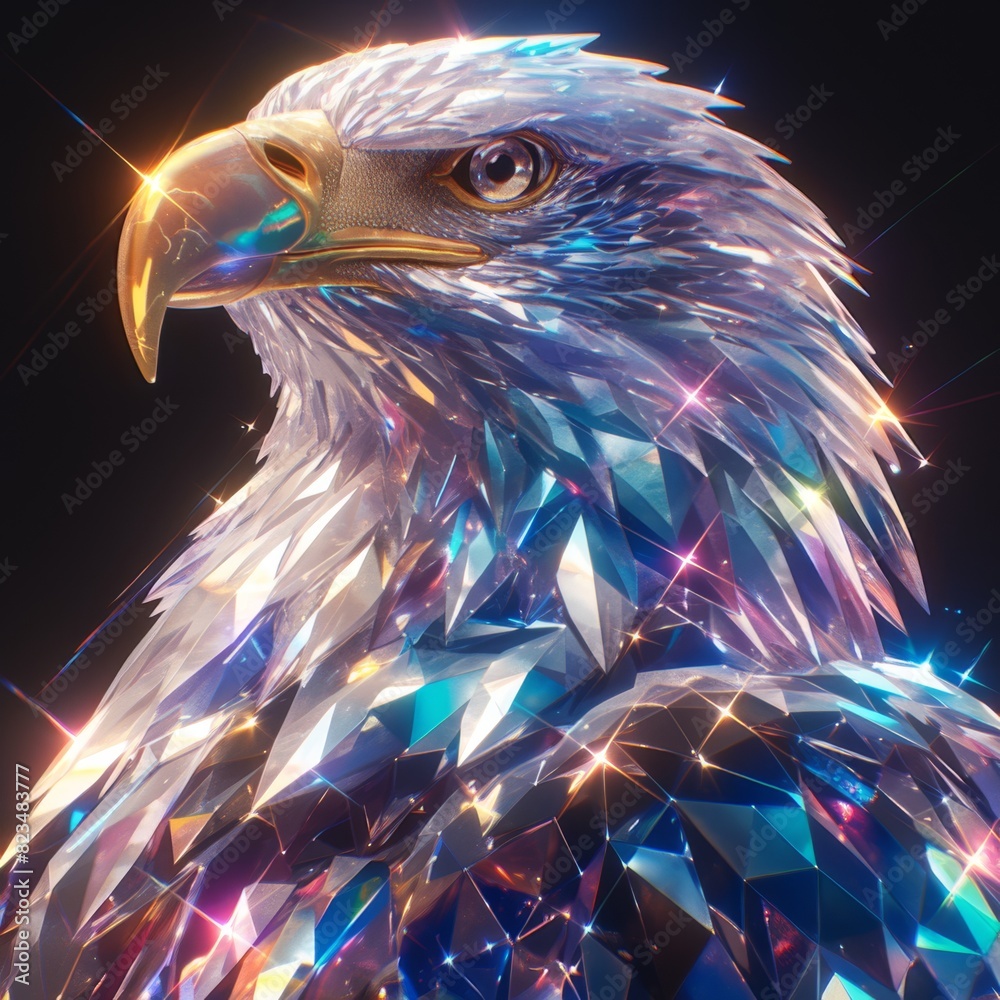 3D bald eagle made of clear diamonds, shiny translucent, simple bright ...