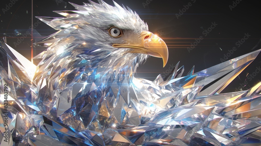 3D bald eagle made of clear diamonds, shiny translucent, simple bright ...