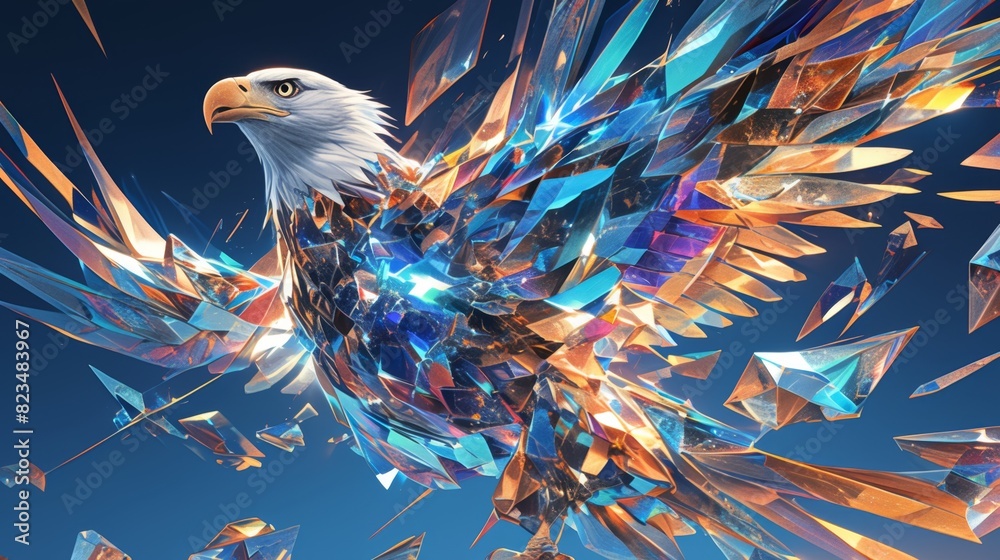 3D bald eagle made of clear diamonds, shiny translucent, simple bright ...