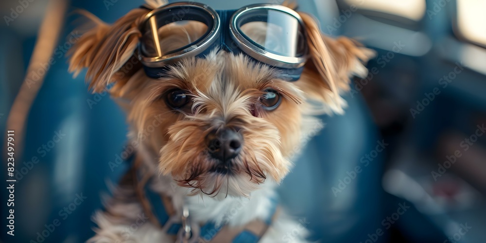 Yorkshire terrier dog wearing aviator goggles as a pilot in plane ...