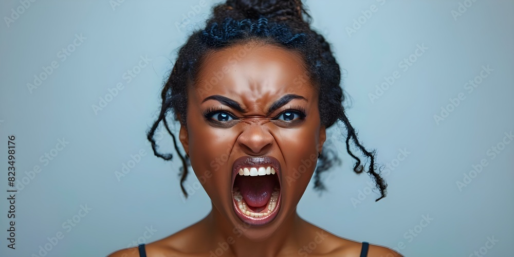 Black woman yelling with wide open mouth showing intense emotion ...