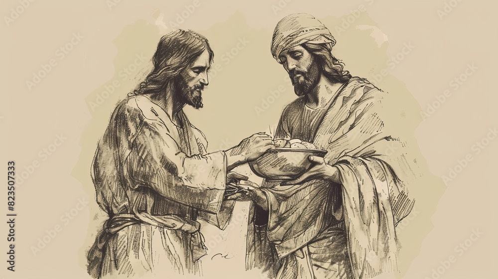 Miracle of Jesus Feeding the 5000, Biblical Illustration for Stock ...