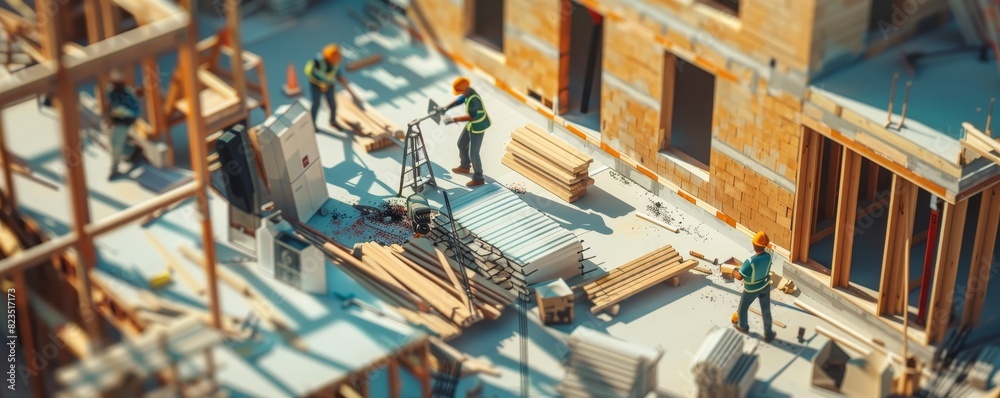 Construction workers on a busy building site with equipment and ...