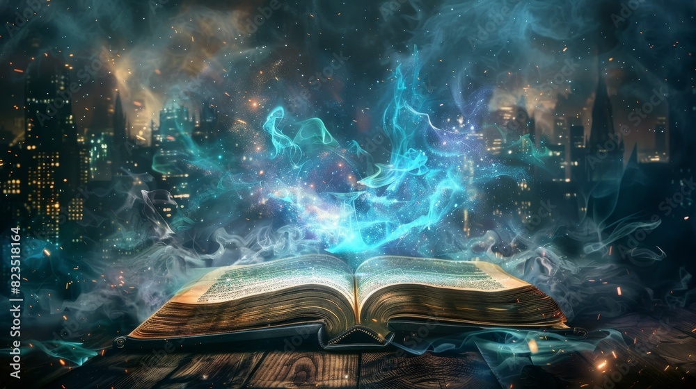 Mystical Open Book Emanating Radiant Celestial Energies in a Captivating Cosmic Realm of Wonder ...