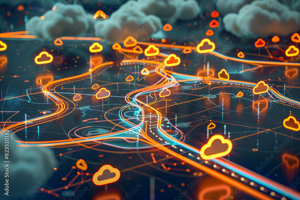 Cloud icons distributed across a global map, connected by high-speed ...