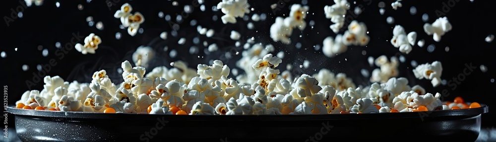 Cinematic popcorn explosion captured in mid-air, displaying a burst of ...