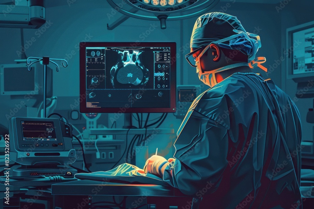 An engaging 2D illustration depicting a surgeon in the middle of a ...