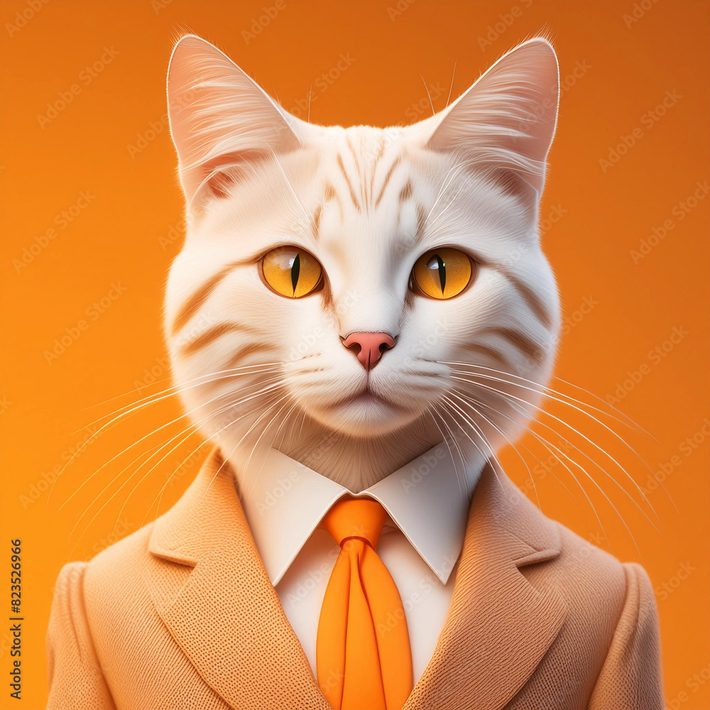 A lifelike 3D rendered cat posed for a studio portrait in a suit, with ...