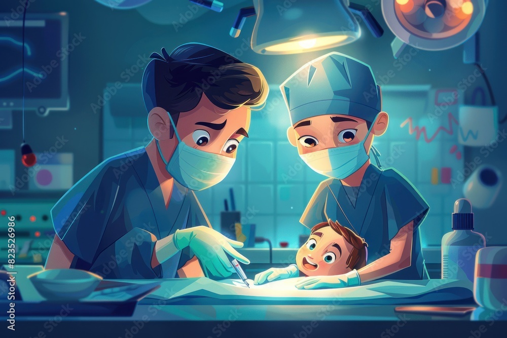 A vibrant 2D illustration showing a pediatric surgeon performing ...
