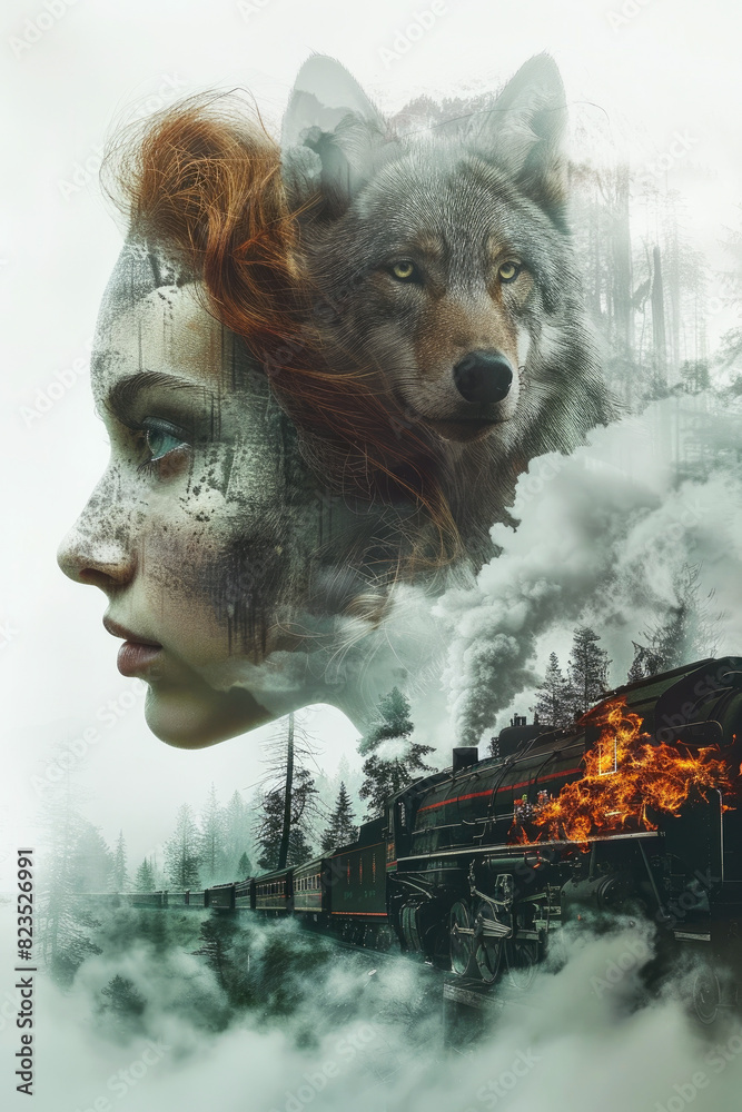 Young woman, wolf, train, double exposure. Book cover, illustration of ...