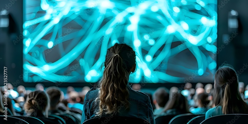 Audience in cinema watching action movie on big screen from behind ...