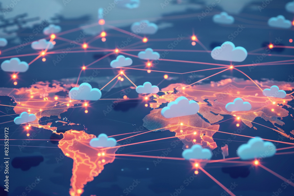 Cloud icons distributed across a global map, connected by high-speed ...
