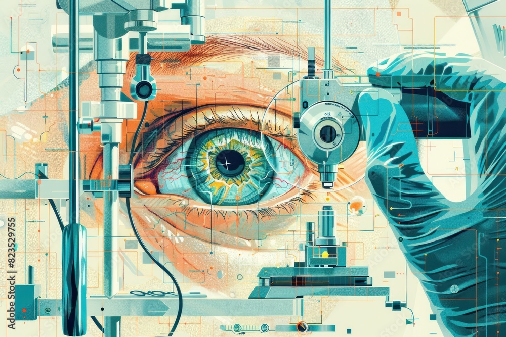 An engaging 2D illustration of a doctor performing an eye surgery. The ...