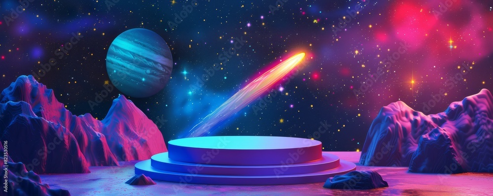 Colorful pop-art styled space landscape with planets and shooting star ...