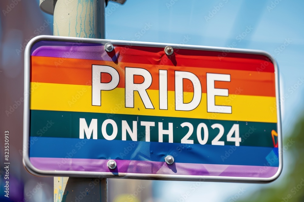 Sign "PRIDE MONTH 2024" IN red, orange, yellow,green, blue, purple ...