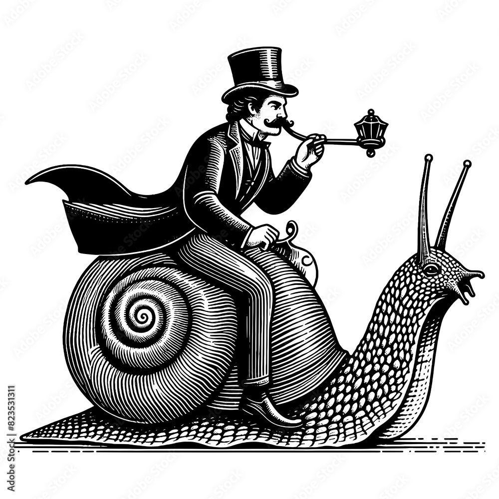 Gentleman man riding large, detailed snail, blending whimsy with ...