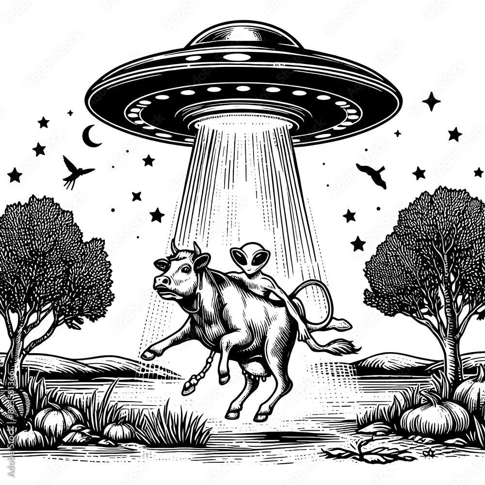 alien abducting a cow with a UFO beam, set in a whimsical, nighttime ...