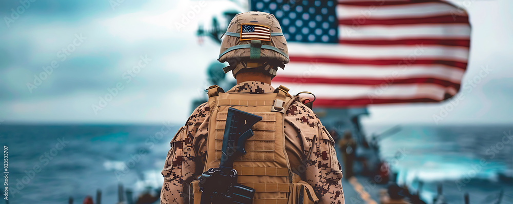 United States Marine Corps soldier standing guard aboard a warship ...