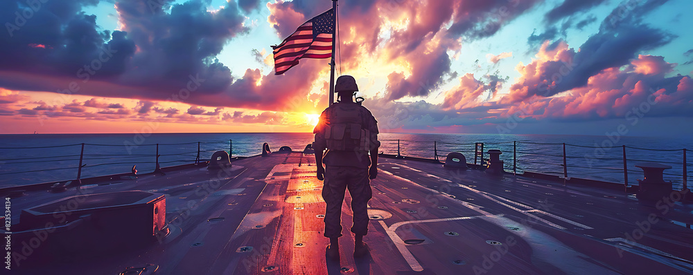 United States Marine Corps soldier standing guard aboard a warship ...