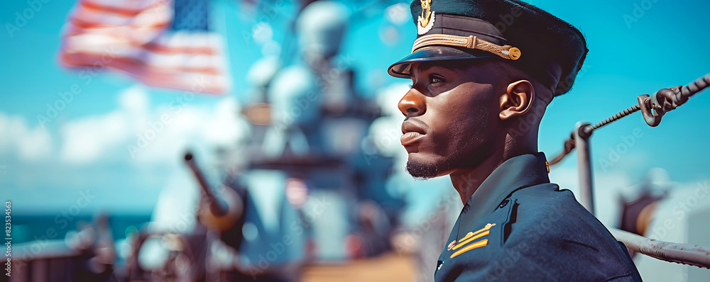 Resolute soldier standing at attention on the deck of a warship, with ...