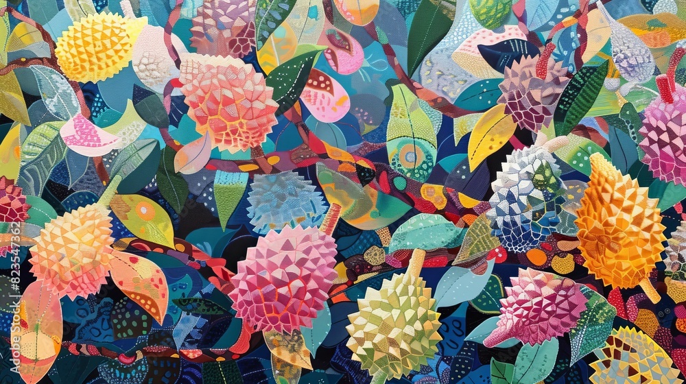 47. Pointillism detail work depicting a durian orchard with meticulous ...