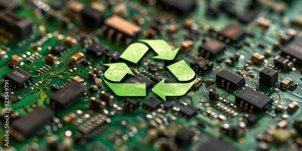 Electronic waste with green recycle symbol emphasizes importance of ...