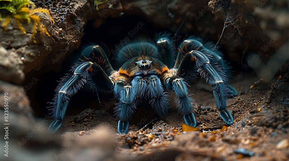 dimly lit depth of secluded burrow Tarantula emerges silklined nest ...