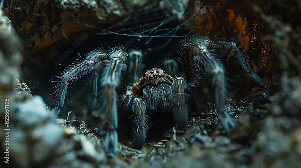 dimly lit depth of secluded burrow Tarantula emerges silklined nest ...