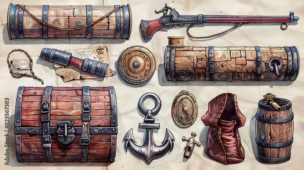 Cartoon pirate accessories. Treasure chest map, anchor, old captain's ...