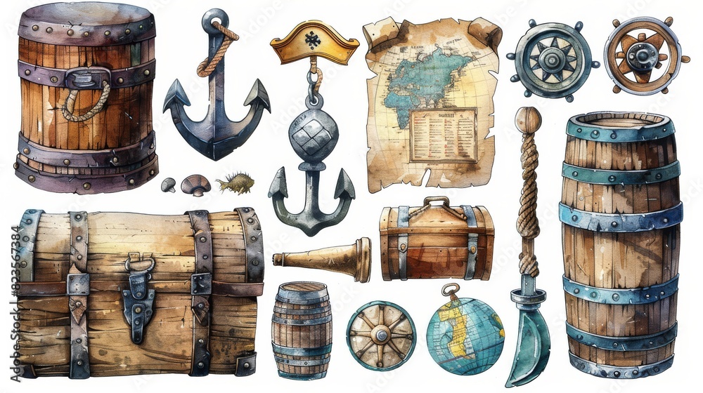 Pirate cartoon accessories, ship equipment for game adventurers ...