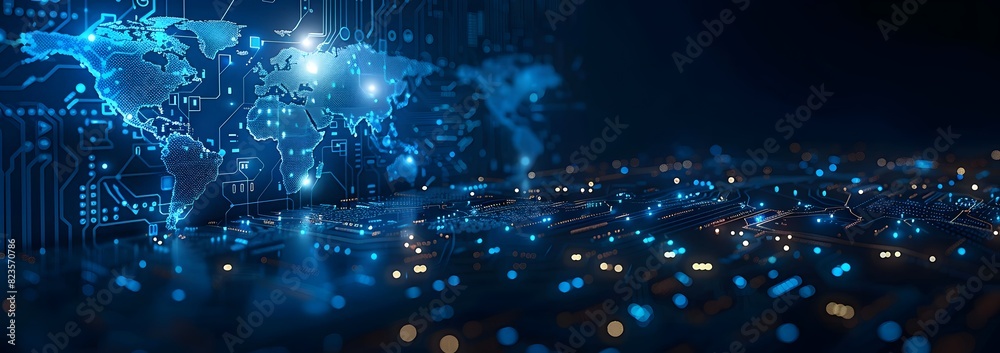 Abstract blue digital background with world map and artificial ...