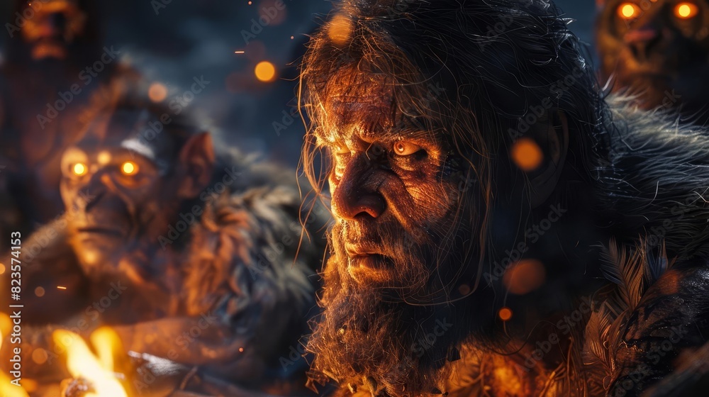 Depict early humans using fire to ward off predators, with glowing eyes ...