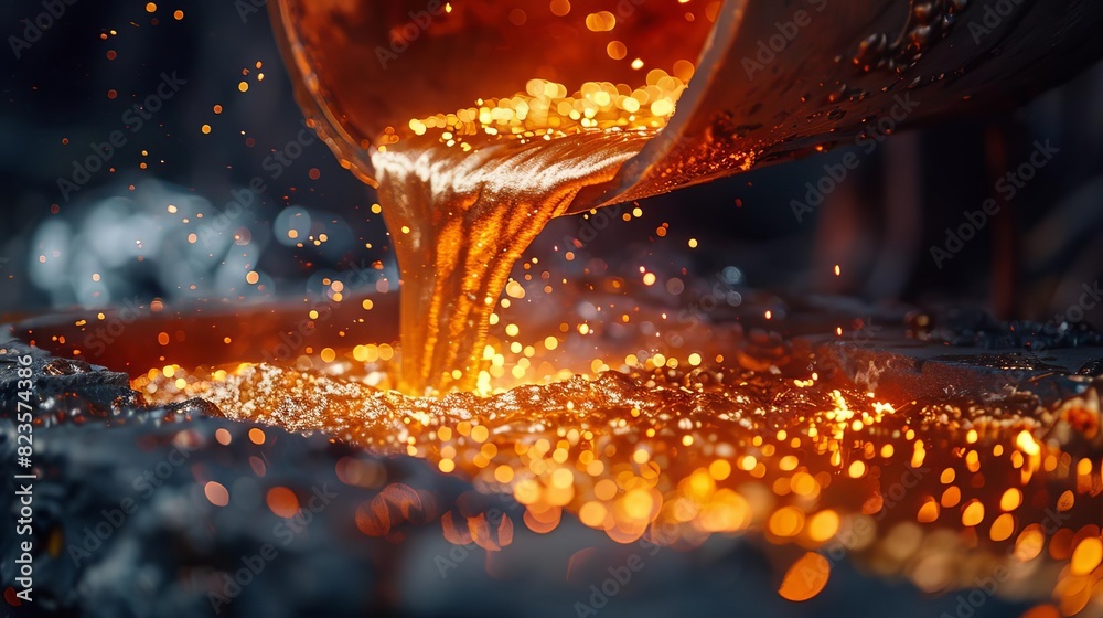 Depict the process of pouring molten bronze into a mold, capturing the heat and glow of the ...
