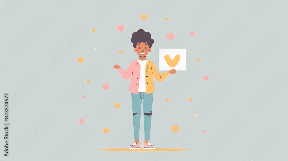 A 2D flat style character representing gender equality, holding a sign ...