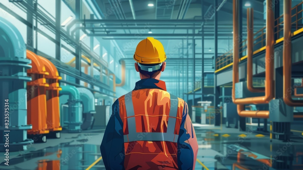 Back view of an engineer wearing a hard hat and safety vest inspecting ...