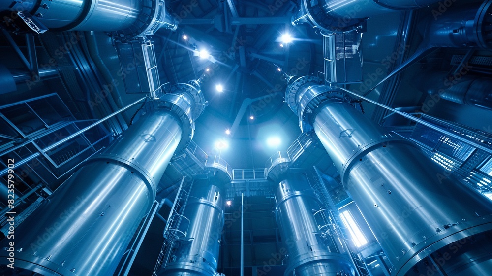 Industrial hydrogen tank viewed from beneath, part of a hydrogen ...