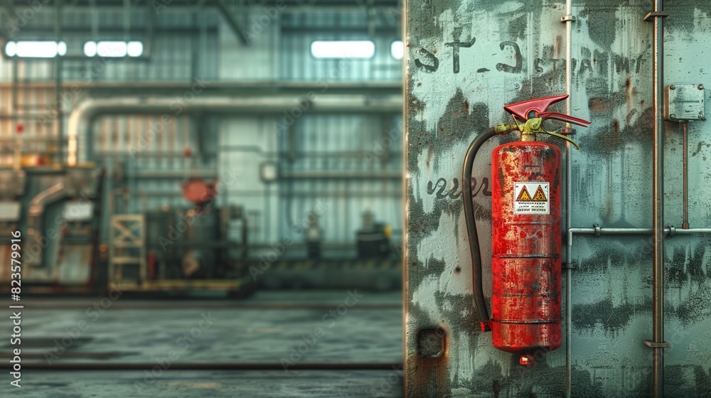 Industrial safety scene with a wall-mounted fire extinguisher ...