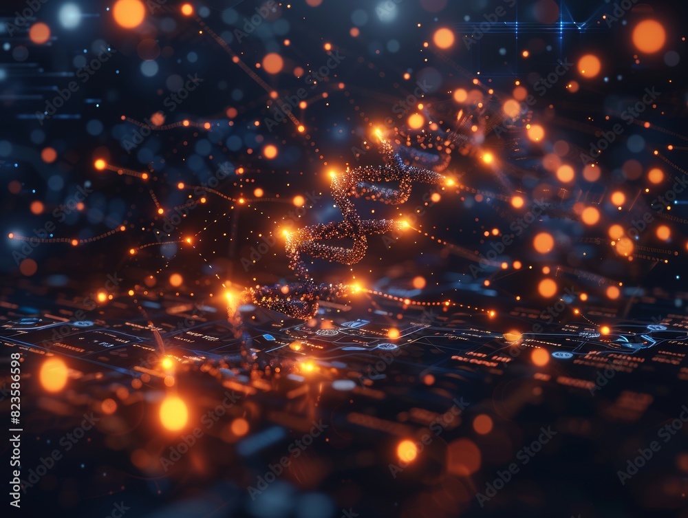 DNA with glowing auspicious symbols in the background. Double helix of DNA with glowing outer ...