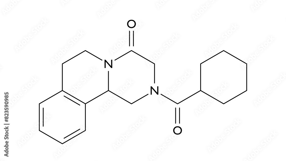 praziquantel molecule, structural chemical formula, ball-and-stick ...