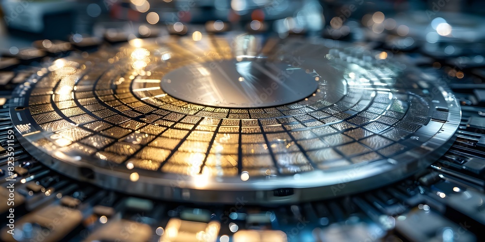 Closeup of silicon wafer with intricate etched patterns on surface ...