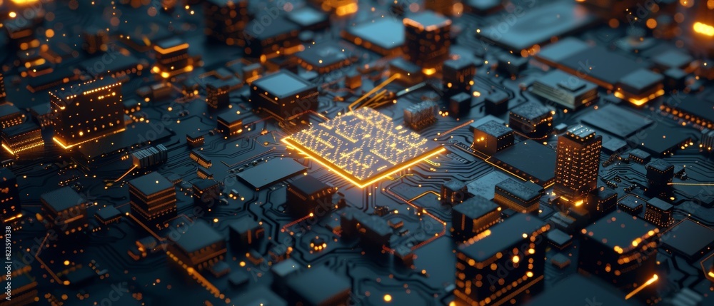 Glowing microchip on a complex and detailed electronic board Stock ...