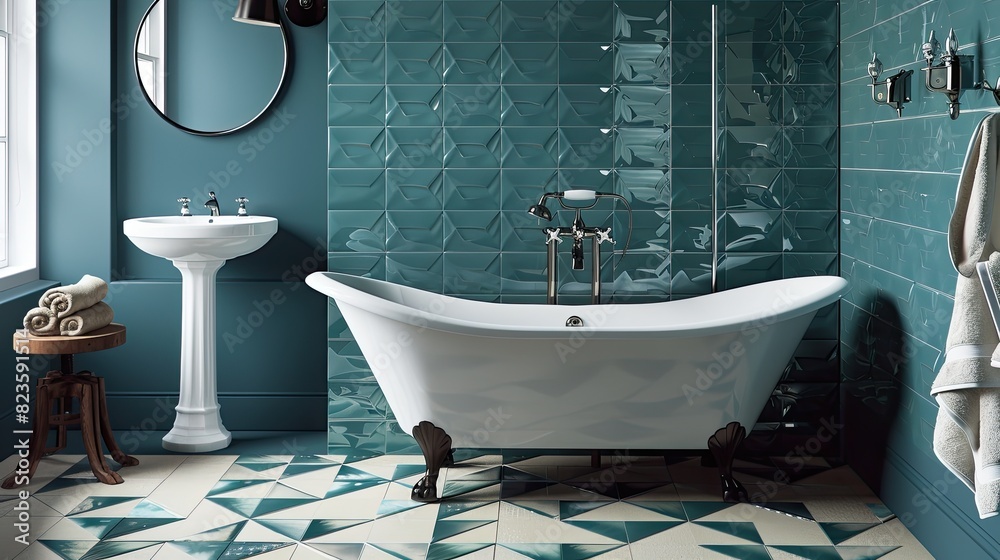 luxury bathroom with an art deco theme, featuring a geometric tiled ...